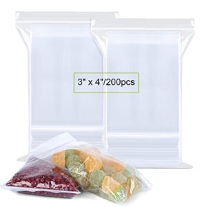 premium 3 x 4 in (200 count) small poly zipper bags, 2mil small plastic bags clear, easy zip open & close, zip poly bags strong locking seal, food grade safe, handy perfect for many uses by valchoose