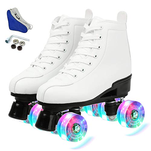 XUDREZ Roller Skates Adjustable Soft Leather High-top Roller Skates Four-Wheel Roller Skates Fun Shiny Roller Skates for Adult, Boys, Girls (White Flash Wheel,Women's 9.5 / Men's 8)