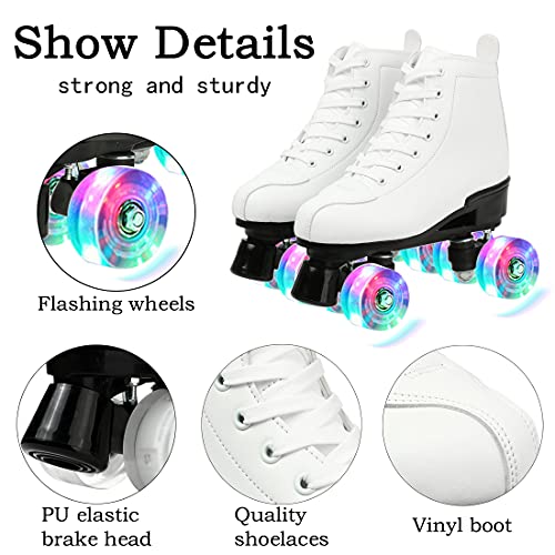 XUDREZ Roller Skates Adjustable Soft Leather High-top Roller Skates Four-Wheel Roller Skates Fun Shiny Roller Skates for Adult, Boys, Girls (White Flash Wheel,Women's 9.5 / Men's 8)