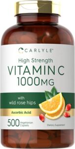 carlyle vitamin c 1000mg | 500 vegetarian caplets | ascorbic acid with wild rose hips | high strength formula | non-gmo and gluten free supplement