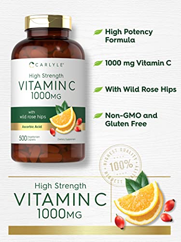 Carlyle Vitamin C 1000mg | 500 Vegetarian Caplets | Ascorbic Acid with Wild Rose Hips | High Strength Formula | Non-GMO and Gluten Free Supplement