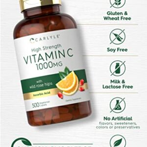 Carlyle Vitamin C 1000mg | 500 Vegetarian Caplets | Ascorbic Acid with Wild Rose Hips | High Strength Formula | Non-GMO and Gluten Free Supplement