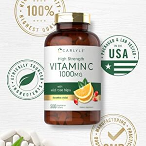 Carlyle Vitamin C 1000mg | 500 Vegetarian Caplets | Ascorbic Acid with Wild Rose Hips | High Strength Formula | Non-GMO and Gluten Free Supplement