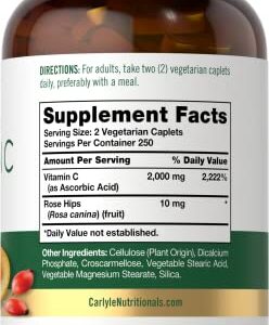 Carlyle Vitamin C 1000mg | 500 Vegetarian Caplets | Ascorbic Acid with Wild Rose Hips | High Strength Formula | Non-GMO and Gluten Free Supplement