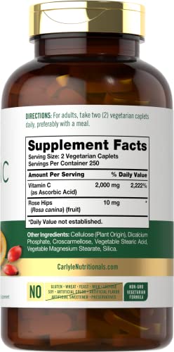 Carlyle Vitamin C 1000mg | 500 Vegetarian Caplets | Ascorbic Acid with Wild Rose Hips | High Strength Formula | Non-GMO and Gluten Free Supplement