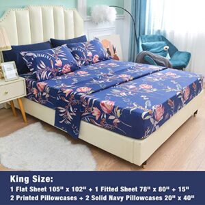 JSD Navy Blue Floral Printed Sheet Set King 6 Piece, Soft Microfiber Botanical Pattern Bed Sheets Extra Deep Pocket