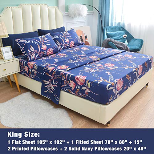 JSD Navy Blue Floral Printed Sheet Set King 6 Piece, Soft Microfiber Botanical Pattern Bed Sheets Extra Deep Pocket