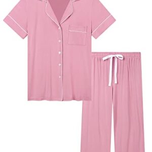 Joyaria Bamboo Pajamas for Women Cooling Capri Pj Sets Short Sleeve(Dusty Pink,Large)