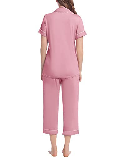 Joyaria Bamboo Pajamas for Women Cooling Capri Pj Sets Short Sleeve(Dusty Pink,Large)