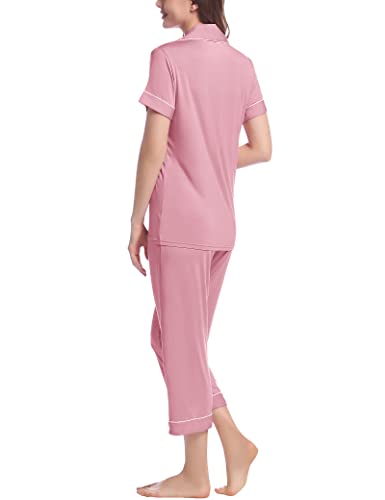 Joyaria Bamboo Pajamas for Women Cooling Capri Pj Sets Short Sleeve(Dusty Pink,Large)