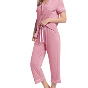 Joyaria Bamboo Pajamas for Women Cooling Capri Pj Sets Short Sleeve(Dusty Pink,Large)