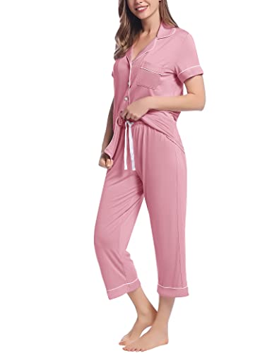 Joyaria Bamboo Pajamas for Women Cooling Capri Pj Sets Short Sleeve(Dusty Pink,Large)