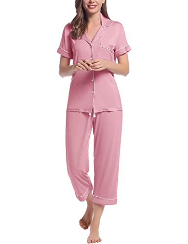 Joyaria Bamboo Pajamas for Women Cooling Capri Pj Sets Short Sleeve(Dusty Pink,Large)