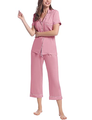 Joyaria Bamboo Pajamas for Women Cooling Capri Pj Sets Short Sleeve(Dusty Pink,Large)