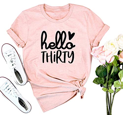 Hello Thirty Shirt Women 30th Birthday T Shirt Level 30 Unlocked Funny Letter Print Love Heart Graphic Short Sleeve Tee Tops Pink