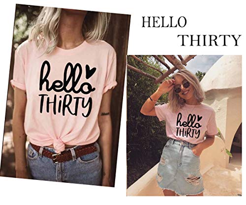 Hello Thirty Shirt Women 30th Birthday T Shirt Level 30 Unlocked Funny Letter Print Love Heart Graphic Short Sleeve Tee Tops Pink