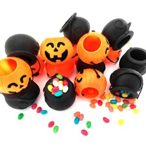 joy bang halloween mini witch cauldron, 16 pcs small orange pumpkin bucket, black plastic witch pots portable candy holder, halloween kettle hanging bucket trick or treat party favors gifts for kids