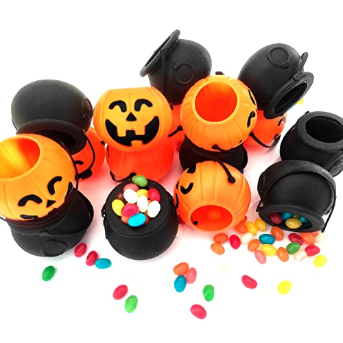 Joy Bang Halloween Mini Witch Cauldron, 16 Pcs Small Orange Pumpkin Bucket, Black Plastic Witch Pots Portable Candy Holder, Halloween Kettle Hanging Bucket Trick or Treat Party Favors Gifts for Kids