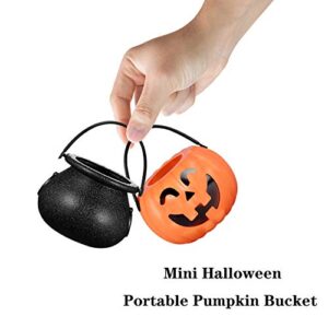 Joy Bang Halloween Mini Witch Cauldron, 16 Pcs Small Orange Pumpkin Bucket, Black Plastic Witch Pots Portable Candy Holder, Halloween Kettle Hanging Bucket Trick or Treat Party Favors Gifts for Kids