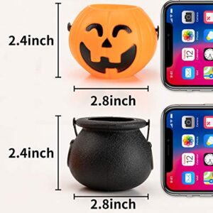 Joy Bang Halloween Mini Witch Cauldron, 16 Pcs Small Orange Pumpkin Bucket, Black Plastic Witch Pots Portable Candy Holder, Halloween Kettle Hanging Bucket Trick or Treat Party Favors Gifts for Kids