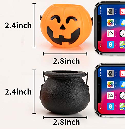 Joy Bang Halloween Mini Witch Cauldron, 16 Pcs Small Orange Pumpkin Bucket, Black Plastic Witch Pots Portable Candy Holder, Halloween Kettle Hanging Bucket Trick or Treat Party Favors Gifts for Kids