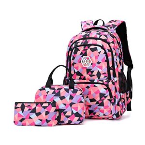 Geometric-Print Backpack and Lunch-Bag Set for Girls-Boys Middle-School Elementary Bookbags, 3Pcs School Bag with Lunch Bag Pencil Case