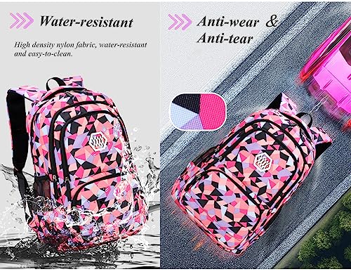 Geometric-Print Backpack and Lunch-Bag Set for Girls-Boys Middle-School Elementary Bookbags, 3Pcs School Bag with Lunch Bag Pencil Case