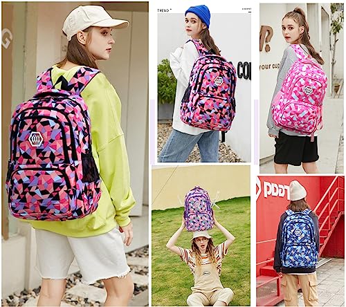 Geometric-Print Backpack and Lunch-Bag Set for Girls-Boys Middle-School Elementary Bookbags, 3Pcs School Bag with Lunch Bag Pencil Case