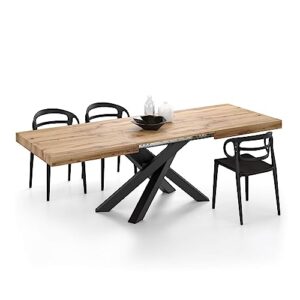 Mobili Fiver, Emma 160 Extendable Dining Table, Rustic Oak with Black Crossed Legs, Laminate-Finished/Iron, Made in Italy