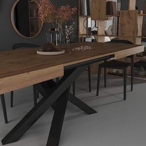 Mobili Fiver, Emma 160 Extendable Dining Table, Rustic Oak with Black Crossed Legs, Laminate-Finished/Iron, Made in Italy