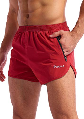 Pudolla Men’s Running Shorts 3 Inch Quick Dry Gym Athletic Workout Shorts for Men with Zipper Pockets(Dark Red X-Large)