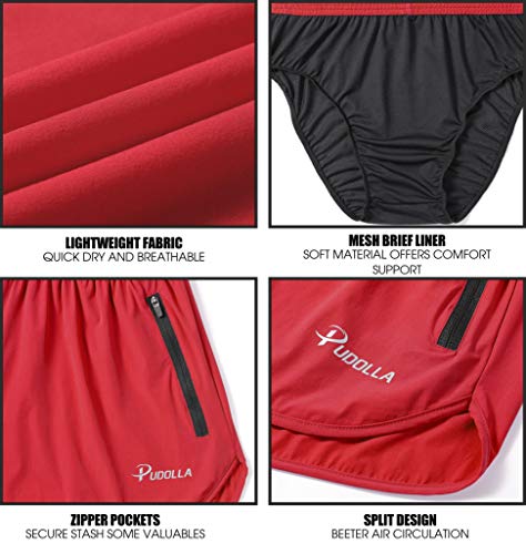 Pudolla Men’s Running Shorts 3 Inch Quick Dry Gym Athletic Workout Shorts for Men with Zipper Pockets(Dark Red X-Large)