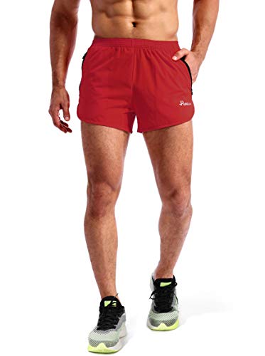 Pudolla Men’s Running Shorts 3 Inch Quick Dry Gym Athletic Workout Shorts for Men with Zipper Pockets(Dark Red X-Large)