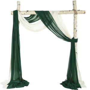 sherway 2 panels chiffon fabric drapery wedding arch drapes, party backdrop curtain panels, ceremony reception swag decoration (27 x 216 inch, hunter green & ivory)