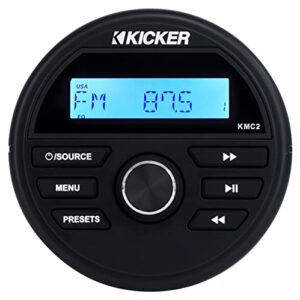 KICKER KMC2 Gauge Hole Digital Media Receiver w/Bluetooth/USB For Boat/ATV/UTV Bundle with Pair Rockville MS525W 5.25" 400 Watt Waterproof Marine Boat Speakers 2-Way White