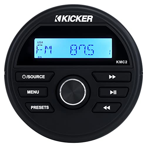 KICKER KMC2 Gauge Hole Digital Media Receiver w/Bluetooth/USB For Boat/ATV/UTV Bundle with Pair Rockville MS525W 5.25" 400 Watt Waterproof Marine Boat Speakers 2-Way White