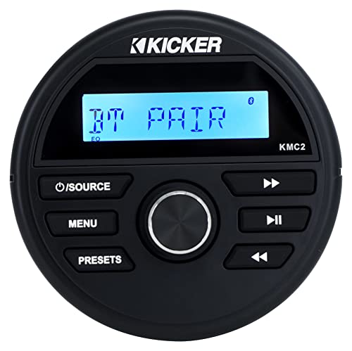 KICKER KMC2 Gauge Hole Digital Media Receiver w/Bluetooth/USB For Boat/ATV/UTV Bundle with Pair Rockville MS525W 5.25" 400 Watt Waterproof Marine Boat Speakers 2-Way White