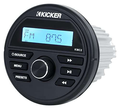 KICKER KMC2 Gauge Hole Digital Media Receiver w/Bluetooth/USB For Boat/ATV/UTV Bundle with Pair Rockville MS525W 5.25" 400 Watt Waterproof Marine Boat Speakers 2-Way White