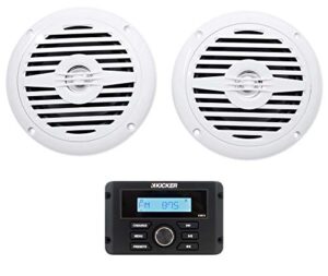 kicker kmc3 marine digital media gauge receiver w/bluetooth/usb for boat/atv/utv bundle with pair rockville ms525w 5.25" 400 watt waterproof marine boat speakers 2-way white