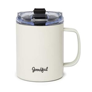 goodful travel mug, stainless steel insulated, double wall vacuum sealed coffee cup with leak proof lid, 14 ounce, cream