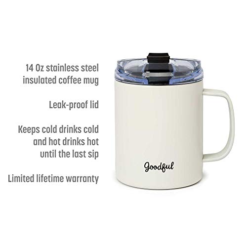 Goodful Travel Mug, Stainless Steel Insulated, Double Wall Vacuum Sealed Coffee Cup with Leak Proof Lid, 14 Ounce, Cream