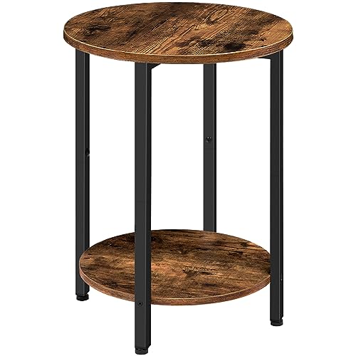 HOOBRO Round Side Table, Sofa Couch Table with Storage Shelf, 2-Tier Industrial End Table, Stable Metal Frame, Wooden Look Accent Table for Small Spaces, Living Room, Bedroom, Rustic Brown BF58BZ01G1