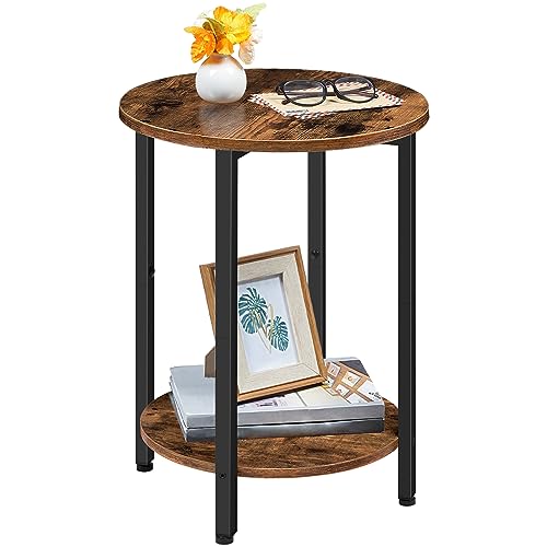 HOOBRO Round Side Table, Sofa Couch Table with Storage Shelf, 2-Tier Industrial End Table, Stable Metal Frame, Wooden Look Accent Table for Small Spaces, Living Room, Bedroom, Rustic Brown BF58BZ01G1