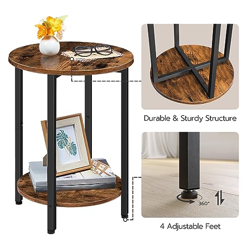 HOOBRO Round Side Table, Sofa Couch Table with Storage Shelf, 2-Tier Industrial End Table, Stable Metal Frame, Wooden Look Accent Table for Small Spaces, Living Room, Bedroom, Rustic Brown BF58BZ01G1