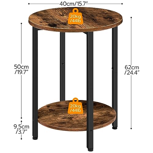 HOOBRO Round Side Table, Sofa Couch Table with Storage Shelf, 2-Tier Industrial End Table, Stable Metal Frame, Wooden Look Accent Table for Small Spaces, Living Room, Bedroom, Rustic Brown BF58BZ01G1