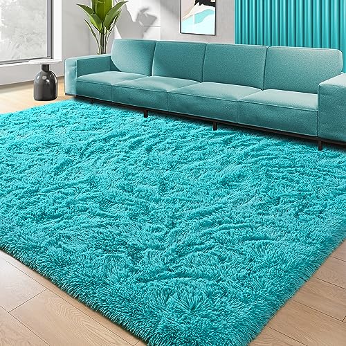 Quenlife Soft Bedroom Rug, Plush Shaggy Carpet Rug for Living Room, Fluffy Area Rug for Kids Grils Room Nursery Home Decor Fuzzy Rugs with Anti-Slip Bottom, 3 x 5ft, Teal Blue