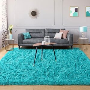 Quenlife Soft Bedroom Rug, Plush Shaggy Carpet Rug for Living Room, Fluffy Area Rug for Kids Grils Room Nursery Home Decor Fuzzy Rugs with Anti-Slip Bottom, 3 x 5ft, Teal Blue