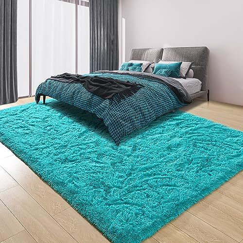 Quenlife Soft Bedroom Rug, Plush Shaggy Carpet Rug for Living Room, Fluffy Area Rug for Kids Grils Room Nursery Home Decor Fuzzy Rugs with Anti-Slip Bottom, 3 x 5ft, Teal Blue