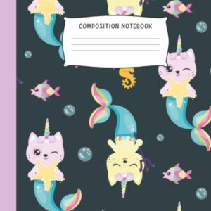 Composition Notebook: Grades K-2 | Wide Ruled | Mermaid Cats (School Notebooks for Kids)