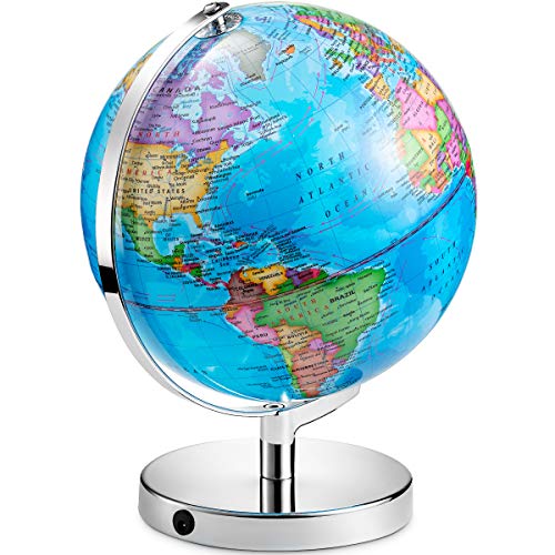 LED Illuminated Globe of The World with Sturdy Chrome Rotating Display Stand - 3 in 1 Educational Geography Map, Light Up Earth Constellation Globe STEM for Kids & Adults| Nightlight, 13.5 Inch Tall